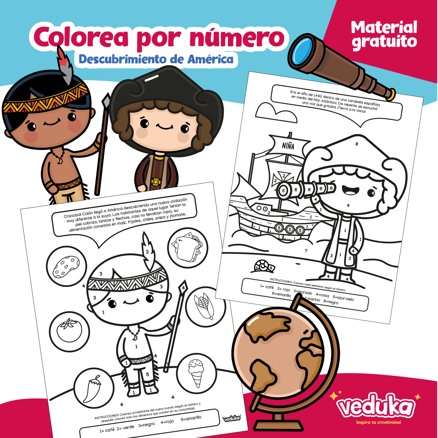 Colorea por número Descubrimiento de América – Veduka Arte Didáctico