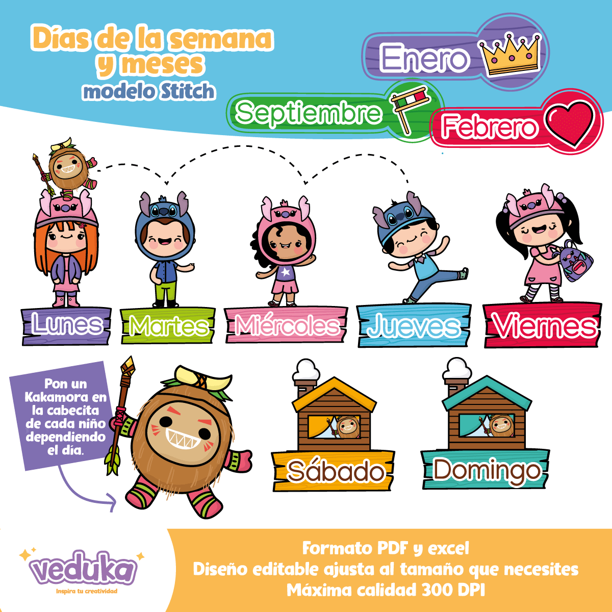 Días de la semana y meses modelo stitch – Veduka Arte Didáctico